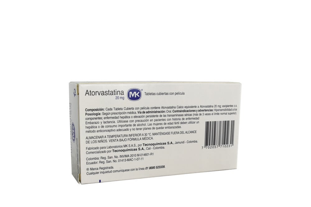 Atorvastatina 20 mg Caja x 30 Tabletas Cubiertas