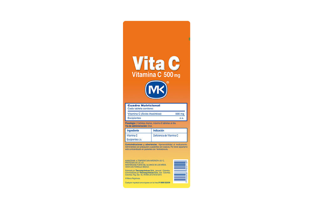 Vita C Sabor A Naranja 500 g x 100 Tabletas Masticables