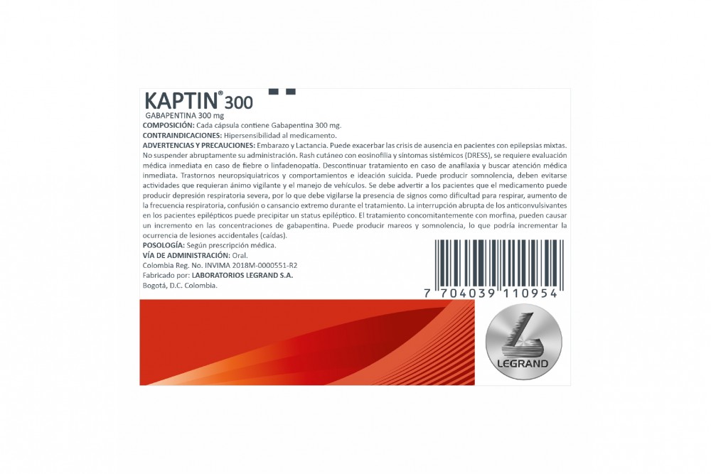 KAPTIN GABAPENTINA 300 MG 30 CÁPSULAS-760984 | Droguerías cafam