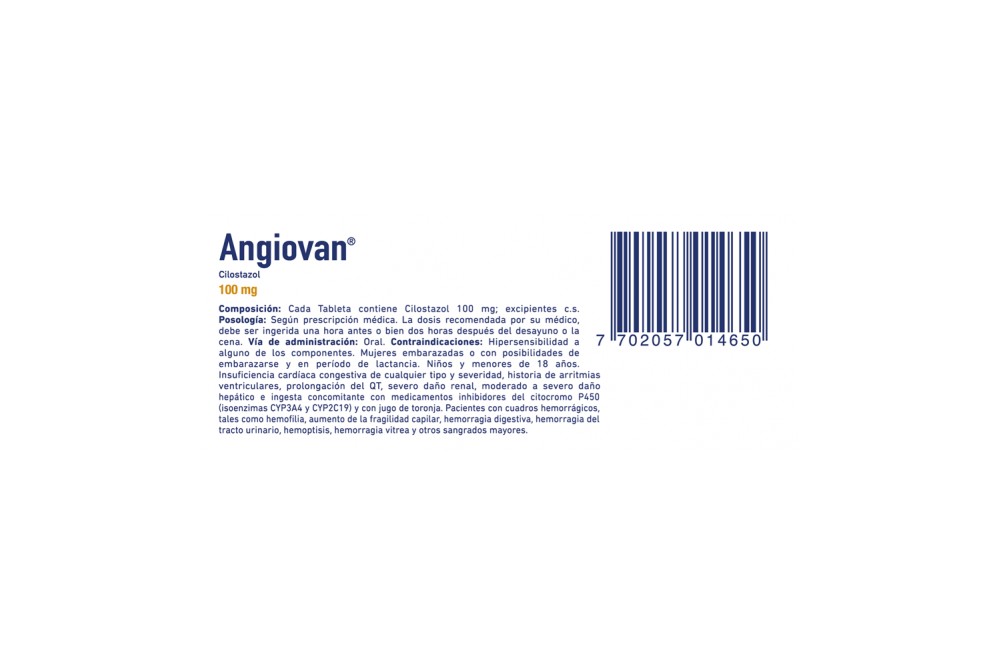Angiovan Cilostazol 100 Mg 30 Tabletas