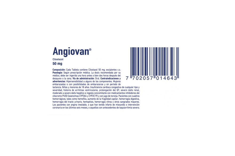 Angiovan Cilostazol 50 Mg 30 Tabletas